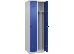 4067521329122 - Schwarz-Weiß-Spind Classic PLUS schmal 2 Abteile Trennwand verkürzt lichtgrau   enzianblau B 600 mm mit Bodengleitern Drehriegel Trennwand mittig C+P