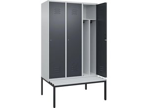 4066681793231 - Schwarz-Weiß-Spind Classic PLUS Sitzbank schmal 3 Abteile Trennwand verkürzt lichtgrau   grau B 1200 mm Zylinderschloss untergebaut Kunststoff C+P