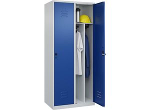 4067521328798 - Schwarz-Weiß-Spind Classic PLUS schmal 2 Abteile Trennwand verkürzt lichtgrau   enzianblau B 800 mm mit Bodengleitern Drehriegel Trennwand mittig C+P