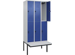 4066681800830 - Doppelstock-Spind Classic PLUS Sitzbank 3 Abteile lichtgrau   enzianblau B 900 mm Sicherheits-Drehriegel auskragend Kunststoff C+P