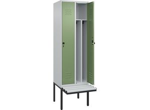 4066681786158 - Schwarz-Weiß-Spind Classic PLUS Sitzbank schmal 2 Abteile Trennwand verkürzt lichtgrau   resedagrün B 600 mm Sicherheits-Drehriegel auskragend Kunststoff C+P