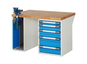 4061753257253 - eurokraft pro Werkbank Baukastensystem Serie 7000 5 Schubladen 1 Schraubstock linksseitig BxT 1250 x 900 mm