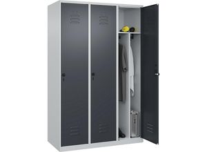 4067521328828 - Schwarz-Weiß-Spind Classic PLUS schmal 3 Abteile Trennwand verkürzt lichtgrau   grau B 1200 mm mit Bodengleitern Drehriegel Trennwand mittig C+P