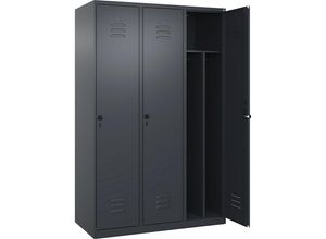 4067521330784 - Schwarz-Weiß-Spind Classic PLUS schmal 3 Abteile Trennwand verkürzt grau B 1200 mm mit Bodengleitern Drehriegel Trennwand mittig C+P