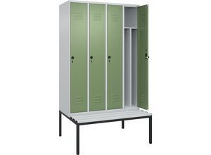 4066681793811 - Schwarz-Weiß-Spind Classic PLUS Sitzbank schmal 4 Abteile Trennwand verkürzt lichtgrau   resedagrün B 1200 mm Sicherheits-Drehriegel untergebaut Kunststoff C+P