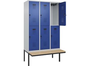 4068192155911 - Doppelstock-Spind Evolo PLUS Sitzbank 3 Abteile lichtgrau   enzianblau B 1200 mm Sicherheits-Drehriegel mit auskragender Sitzbank Buche kaiserkraft