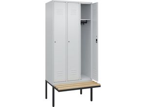 4066681827127 - Spind Classic PLUS Sitzbank 3 Abteile lichtgrau B 900 mm Zylinderschloss auskragend Buche-Hartholz C+P
