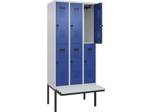 4068192357438 - Doppelstock-Spind Evolo PLUS Sitzbank 3 Abteile lichtgrau   enzianblau B 900 mm Sicherheits-Drehriegel mit auskragender Sitzbank Kunststoff kaiserkraft