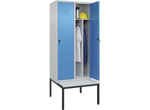 4066681792432 - Schwarz-Weiß-Spind Classic PLUS Sitzbank schmal 2 Abteile Trennwand verkürzt lichtgrau   lichtblau B 800 mm Sicherheits-Drehriegel untergebaut Kunststoff C+P