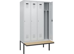 4068192282693 - Schwarz-Weiß-Spind Evolo PLUS Sitzbank schmal 4 Abteile Trennwand verkürzt lichtgrau   lichtgrau B 1200 mm Zylinderschloss mit auskragender Sitzbank Buche kaiserkraft