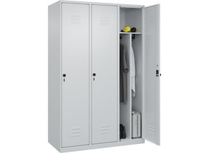 4067521328835 - Schwarz-Weiß-Spind Classic PLUS schmal 3 Abteile Trennwand verkürzt lichtgrau B 1200 mm mit Bodengleitern Drehriegel Trennwand mittig C+P