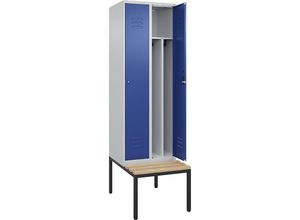 4066681819047 - Schwarz-Weiß-Spind Classic PLUS Sitzbank schmal 2 Abteile Trennwand verkürzt lichtgrau   enzianblau B 600 mm Zylinderschloss untergebaut Buche-Hartholz C+P