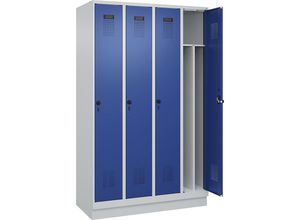 4067521932315 - Schwarz-Weiß-Spind Evolo PLUS schmal 4 Abteile Trennwand verkürzt lichtgrau   enzianblau B 1200 mm mit Bodensockel Sicherheits-Drehriegel kaiserkraft