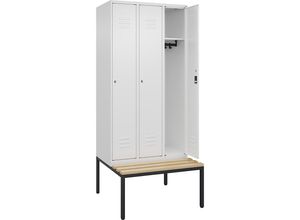 4066681828155 - Spind Classic PLUS Sitzbank 3 Abteile verkehrsweiß B 900 mm Zylinderschloss untergebaut Buche-Hartholz C+P