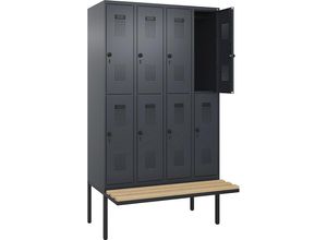 4068192200956 - Doppelstock-Spind Evolo PLUS Sitzbank 4 Abteile grau B 1200 mm Sicherheits-Drehriegel mit auskragender Sitzbank Buche kaiserkraft
