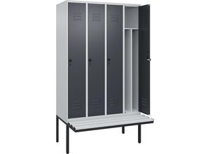 4066681788572 - Schwarz-Weiß-Spind Classic PLUS Sitzbank schmal 4 Abteile Trennwand verkürzt lichtgrau   grau B 1200 mm Sicherheits-Drehriegel auskragend Kunststoff C+P