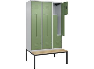 4067521120187 - Z-Spind Classic PLUS Sitzbank 3 Abteile lichtgrau   resedagrün B 1200 mm Zylinderschloss untergebaut Buche-Hartholz C+P
