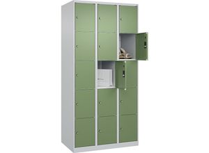 4067521352083 - 5er-Schließfachschrank Classic PLUS 3 Abteile lichtgrau   resedagrün B 900 mm 15 Fächer mit Bodengleitern C+P
