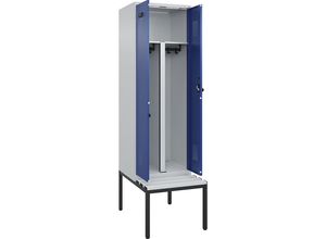 4068192357872 - Schwarz-Weiß-Spind Evolo PLUS Sitzbank 2 Abteile Trennwand verkürzt lichtgrau   enzianblau B 600 mm Sicherheits-Drehriegel mit untergebauter Sitzbank Kunststoff kaiserkraft