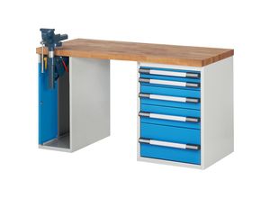 4061753257260 - eurokraft pro Werkbank Baukastensystem Serie 7000 5 Schubladen 1 Schraubstock linksseitig BxT 1500 x 700 mm