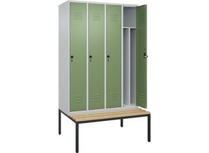 4066681745643 - Schwarz-Weiß-Spind Classic PLUS Sitzbank schmal 4 Abteile Trennwand verkürzt lichtgrau   resedagrün B 1200 mm Sicherheits-Drehriegel untergebaut Buche-Hartholz C+P