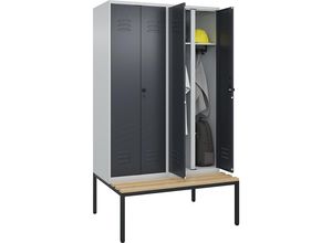 4066681746411 - Schwarz-Weiß-Spind Classic PLUS Sitzbank 2 Abteile lichtgrau   grau B 1200 mm Sicherheits-Drehriegel untergebaut Buche-Hartholz C+P