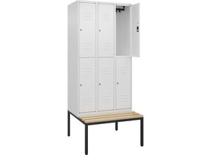 4066681807402 - Doppelstock-Spind Classic PLUS Sitzbank 3 Abteile verkehrsweiß B 900 mm Zylinderschloss untergebaut Buche-Hartholz C+P