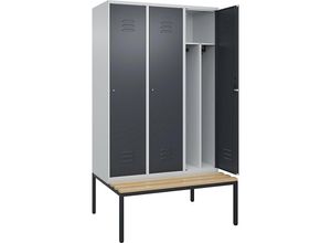 4066681819511 - Schwarz-Weiß-Spind Classic PLUS Sitzbank schmal 3 Abteile Trennwand verkürzt lichtgrau   grau B 1200 mm Zylinderschloss untergebaut Buche-Hartholz C+P