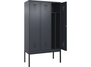 4068192286592 - Schwarz-Weiß-Spind Evolo PLUS schmal 3 Abteile Trennwand verkürzt grau B 1200 mm mit schmalen Füßen Zylinderschloss kaiserkraft