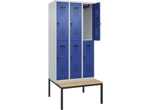 4068192155393 - Doppelstock-Spind Evolo PLUS Sitzbank 3 Abteile lichtgrau   enzianblau B 900 mm Sicherheits-Drehriegel mit untergebauter Sitzbank Buche kaiserkraft