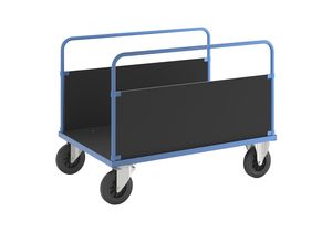 7350050351540 - Kongamek - Plattformwagen in blau 1200x800x900mm mit MDF-Platte und 2 stirnseitigen Wänden mit Gummibereifung ohne Bremse
