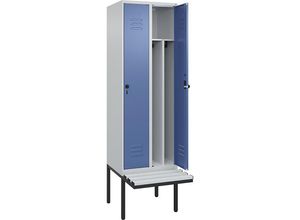 4066681786141 - Schwarz-Weiß-Spind Classic PLUS Sitzbank schmal 2 Abteile Trennwand verkürzt lichtgrau   fernblau B 600 mm Sicherheits-Drehriegel auskragend Kunststoff C+P