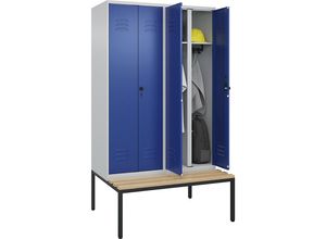 4066681746367 - Schwarz-Weiß-Spind Classic PLUS Sitzbank 2 Abteile lichtgrau   enzianblau B 1200 mm Sicherheits-Drehriegel untergebaut Buche-Hartholz C+P