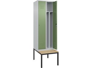 4066681819078 - Schwarz-Weiß-Spind Classic PLUS Sitzbank schmal 2 Abteile Trennwand verkürzt lichtgrau   resedagrün B 600 mm Zylinderschloss untergebaut Buche-Hartholz C+P