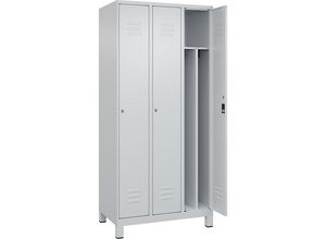 4066681613294 - Schwarz-Weiß-Spind Classic PLUS schmal 3 Abteile Trennwand verkürzt lichtgrau B 900 mm mit Füßen Zylinderschloss Trennwand mittig C+P