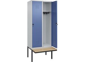 4066681740846 - Spind Classic PLUS Sitzbank 2 Abteile lichtgrau   fernblau B 800 mm Sicherheits-Drehriegel auskragend Buche-Hartholz C+P