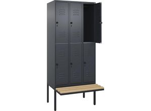 4066681747357 - Doppelstock-Spind Classic PLUS Sitzbank 3 Abteile grau B 900 mm Sicherheits-Drehriegel auskragend Buche-Hartholz C+P