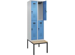4068192156680 - Doppelstock-Spind Evolo PLUS Sitzbank 2 Abteile lichtgrau   lichtblau B 600 mm Sicherheits-Drehriegel mit untergebauter Sitzbank Buche kaiserkraft