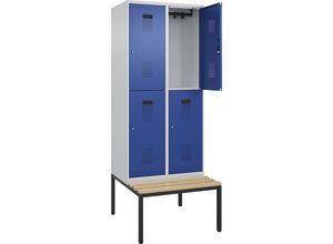 4068192261230 - Doppelstock-Spind Evolo PLUS Sitzbank 2 Abteile lichtgrau   enzianblau B 800 mm Zylinderschloss mit untergebauter Sitzbank Buche kaiserkraft