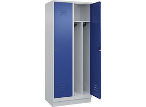 4066681654471 - Schwarz-Weiß-Spind Classic PLUS schmal 2 Abteile Trennwand verkürzt lichtgrau   enzianblau B 800 mm mit Bodensockel Zylinderschloss Trennwand mittig C+P