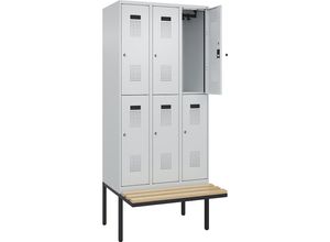4068192282501 - Doppelstock-Spind Evolo PLUS Sitzbank 3 Abteile lichtgrau   lichtgrau B 900 mm Zylinderschloss mit auskragender Sitzbank Buche kaiserkraft