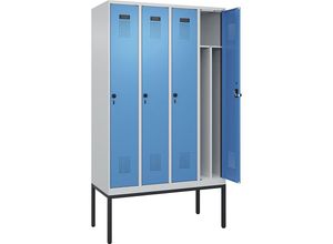 4068192157304 - Schwarz-Weiß-Spind Evolo PLUS schmal 4 Abteile Trennwand verkürzt lichtgrau   lichtblau B 1200 mm mit schmalen Füßen Sicherheits-Drehriegel kaiserkraft