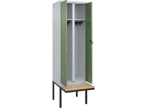 4066681742055 - Schwarz-Weiß-Spind Classic PLUS Sitzbank 1 Abteil lichtgrau   resedagrün B 600 mm Sicherheits-Drehriegel auskragend Buche-Hartholz C+P