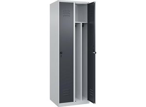 4067521329566 - Schwarz-Weiß-Spind Classic PLUS schmal 2 Abteile Trennwand verkürzt lichtgrau   grau B 600 mm mit Bodengleitern Drehriegel Trennwand mittig C+P