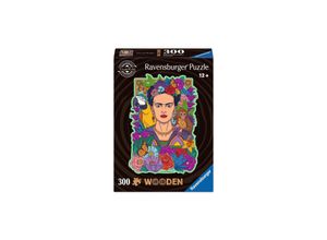 4005555015406 - Ravensburger WOODEN Puzzle 12001540 - Frida Kahlo - 300 Teile konturgeformtes Holzpuzzle mit stabilen individuellen Puzzleteilen und 25 Whimsies für Kunstfreunde und Frida Kahlo Fans ab 12 Jahren