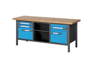 4040376945457 - eurokraft pro Höhenverstellbare Werkbank Gestellbauweise 3 Schubladen 2 Türen 2 Ablageböden Breite 2000 mm anthrazit   blau