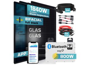 4255656235757 - SUNNIVA® 1840W Balkonkraftwerk BIFAZIAL FULLBLACK komplett Steckdose FOXESS 800 Watt Wechselrichter Solaranlage Komplettset 4x 460W N-Type Glas-Glas Bifacial Solarmodule 5m Kabel 4x25m Solarkabel