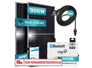 4255656218132 - SUNNIVA® Balkonkraftwerk Silver Frame 900 800W Solaranlage mit 800W Fox ESS Micro Wechselrichter mit WIFI Bluetooth 2x450W Solarmodule 5m Kabel Solarkabel PhotovoltaikanlagePV