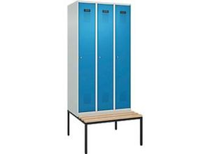 4068192262374 - Kleiderspind Evolo Plus 3 Abteile 300 mm Abteilbreite mit untergebauter Sitzbank B 900 x T 815 x H 2120 mm Zylinder lichtgrau lichtblau