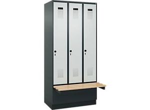 4068192201823 - Kleiderspind Evolo Plus 3 Abteile à 300 mm Breite Sockel schwebende Sitzbank B 900 x T 815 x H 1950 mm Drehriegel anthrazitgrau lichtgrau
